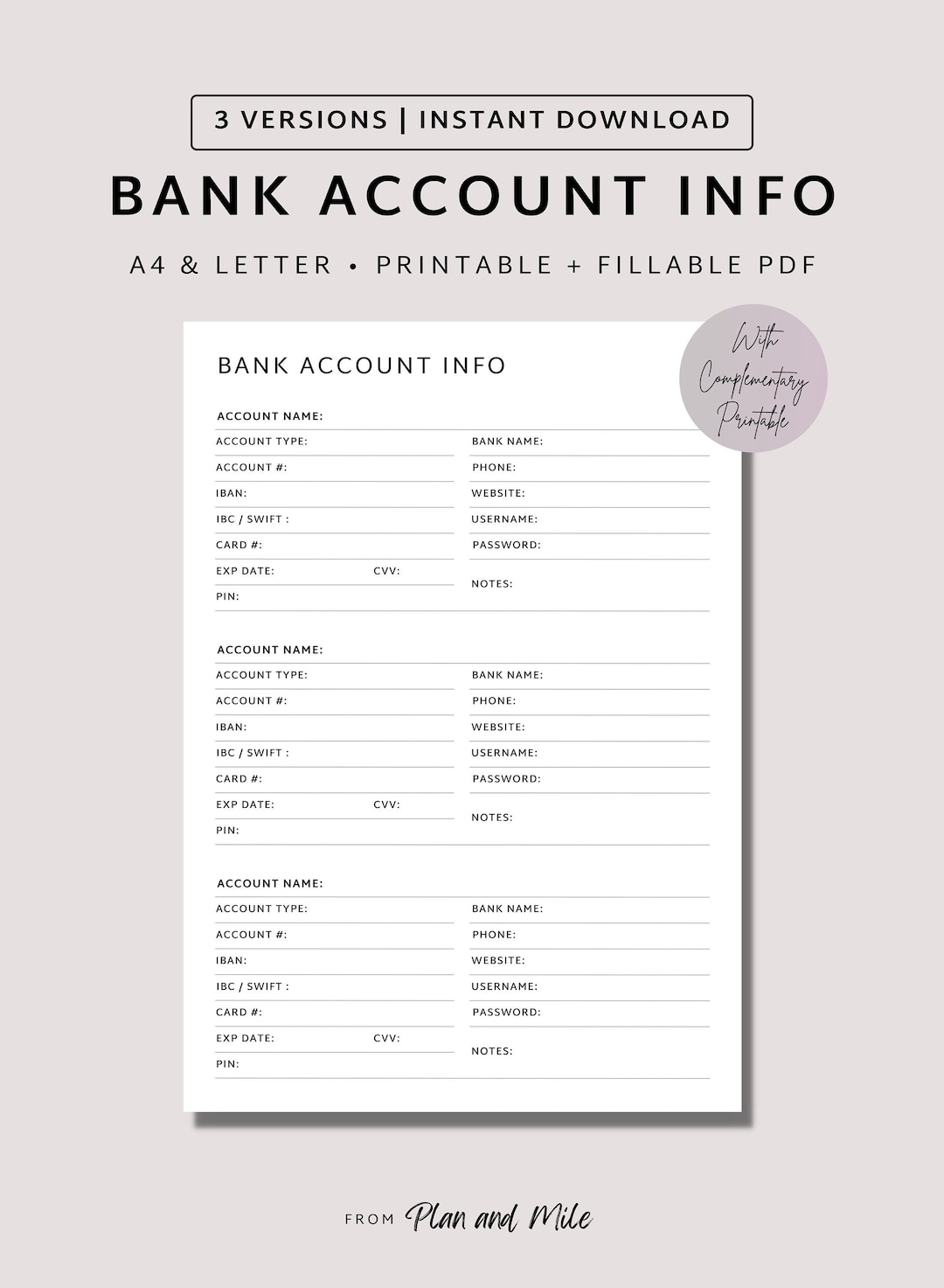 Bank Account Information Tracker Printable, Bank Account Tracker, Bank ...