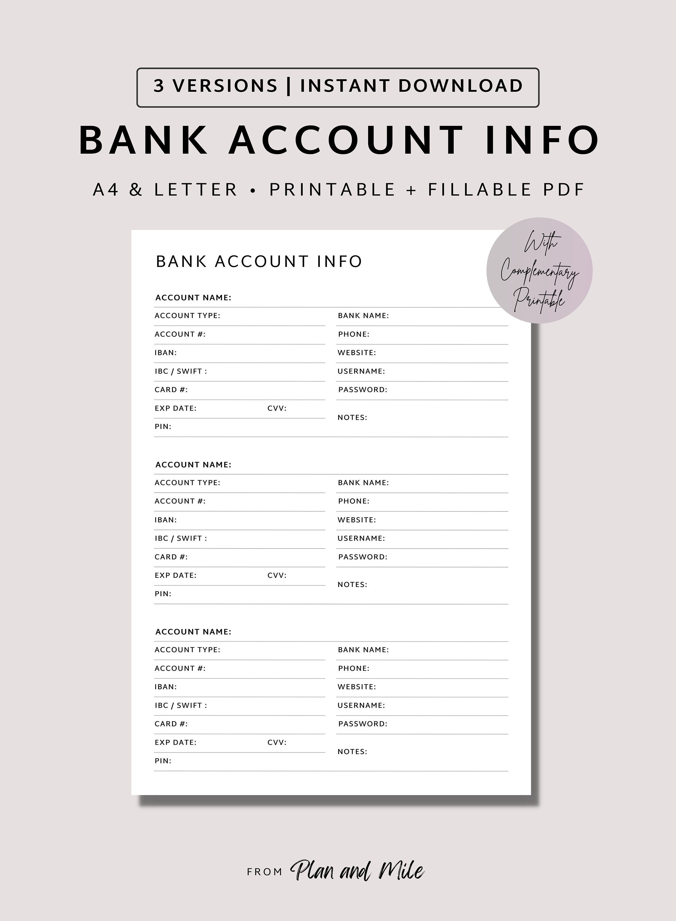 Bank Account Information Tracker Printable, Bank Account Tracker, Bank ...