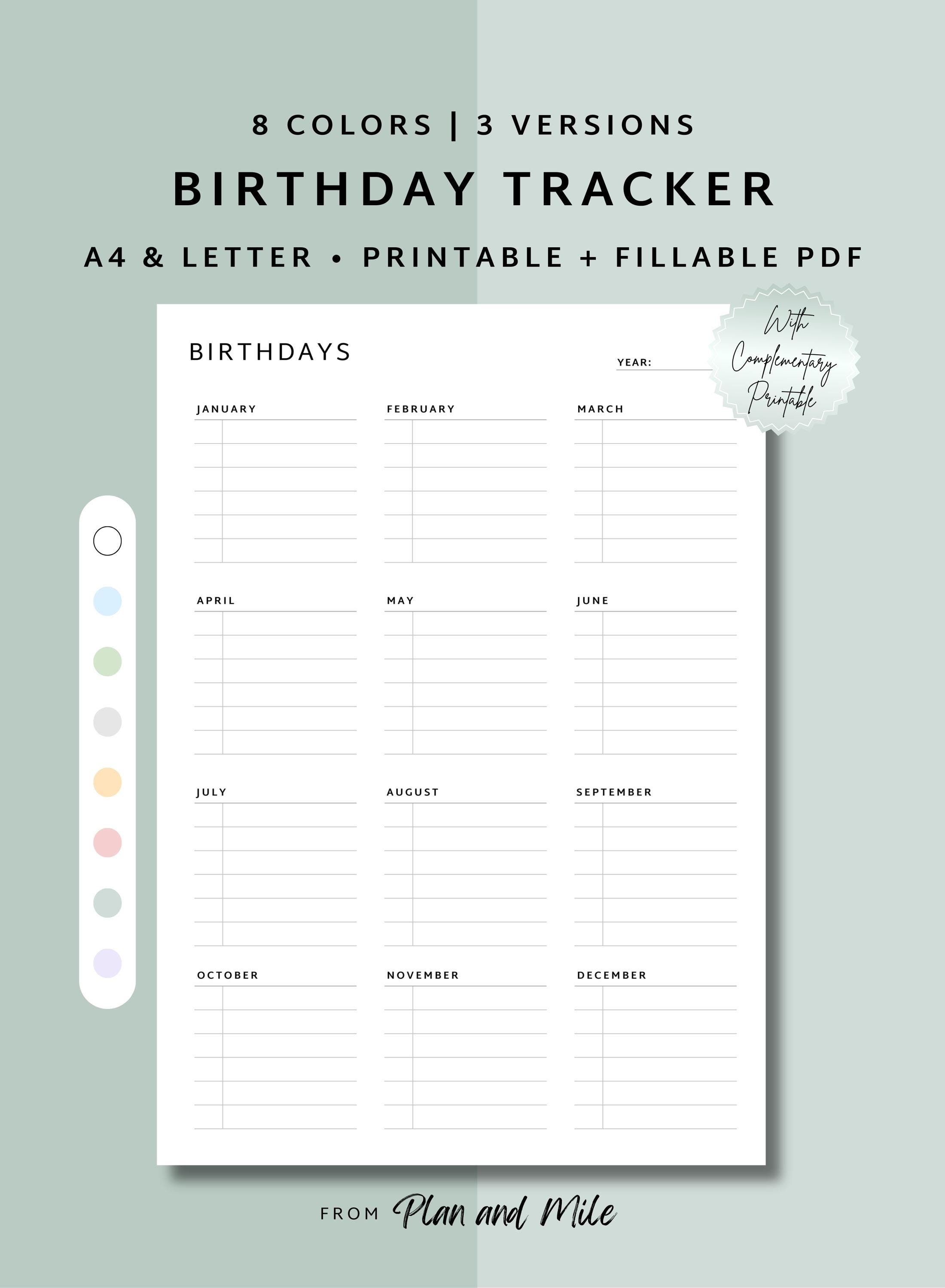 Birthday Tracker Printable Template, Birthday Calendar, Birthday ...