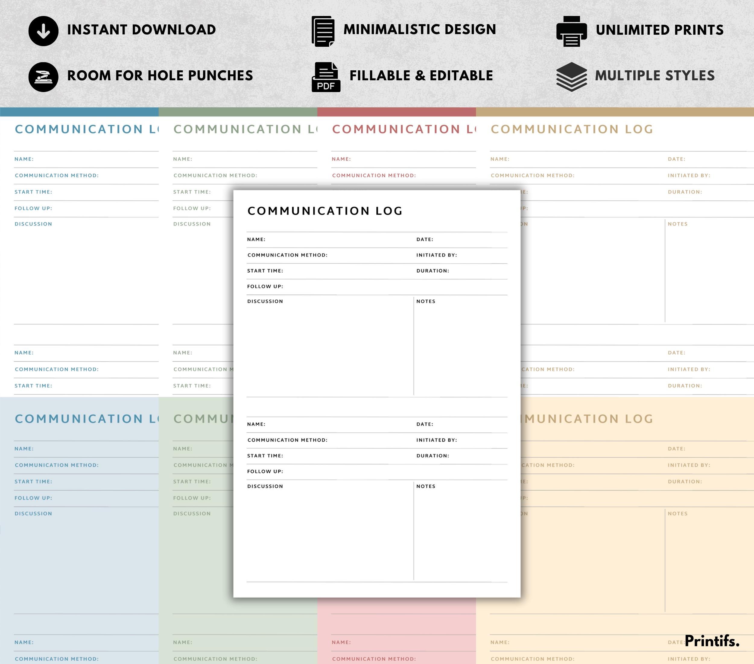 Printable Communication Log, Call Log Template, Parent Communication ...