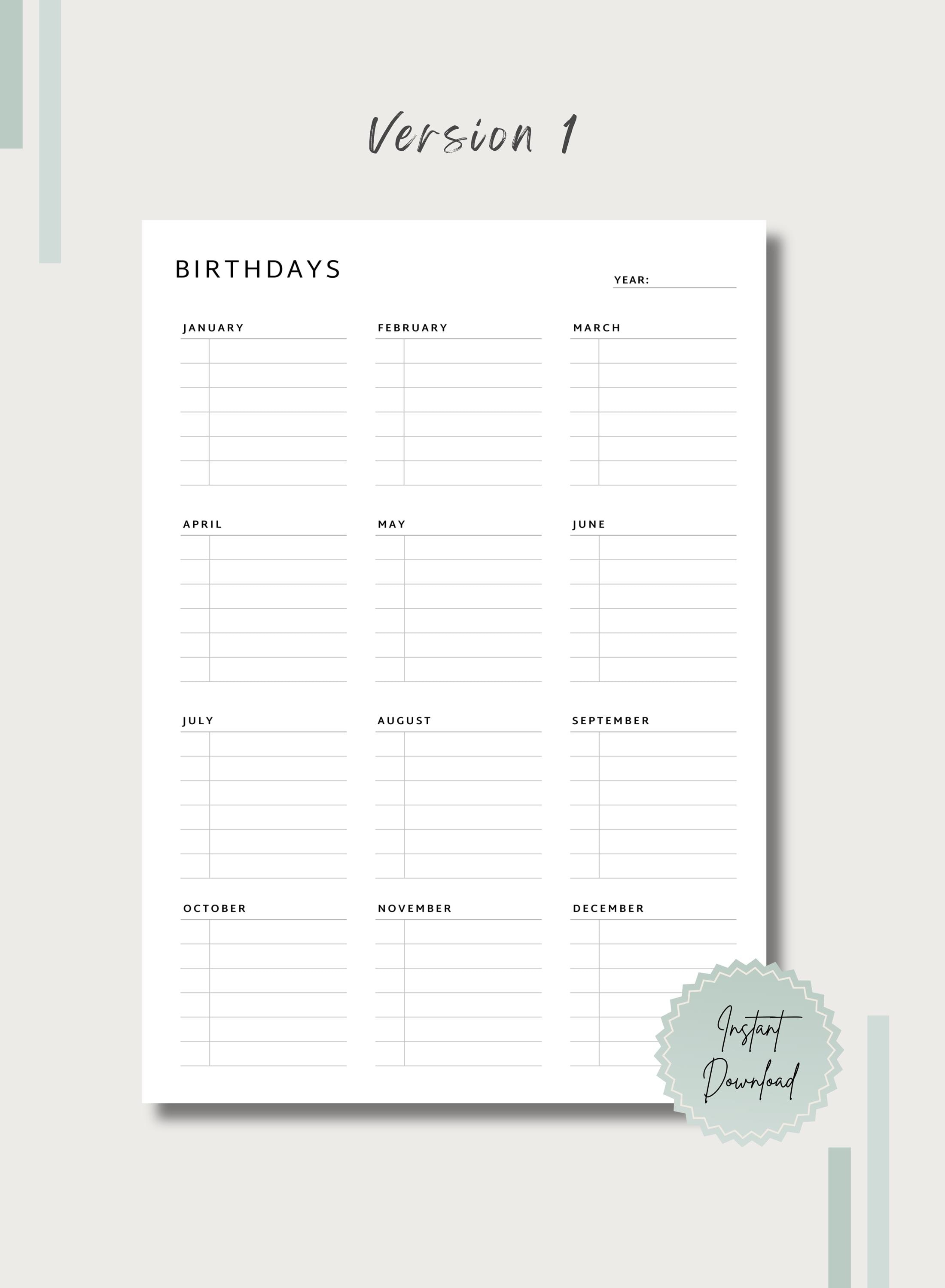Birthday Tracker Printable Template, Birthday Calendar, Birthday ...
