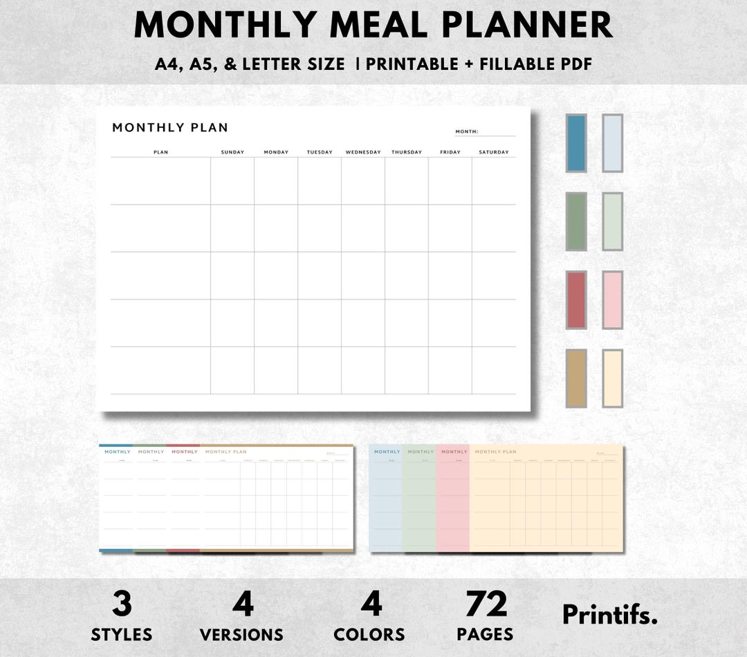 Monthly Meal Planner Printable Landscape, 30 Day Menu Planner, Food ...
