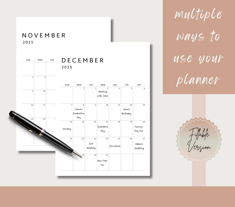 2025 Monthly Calendar Printable & Fillable, Year Calendar Template ...