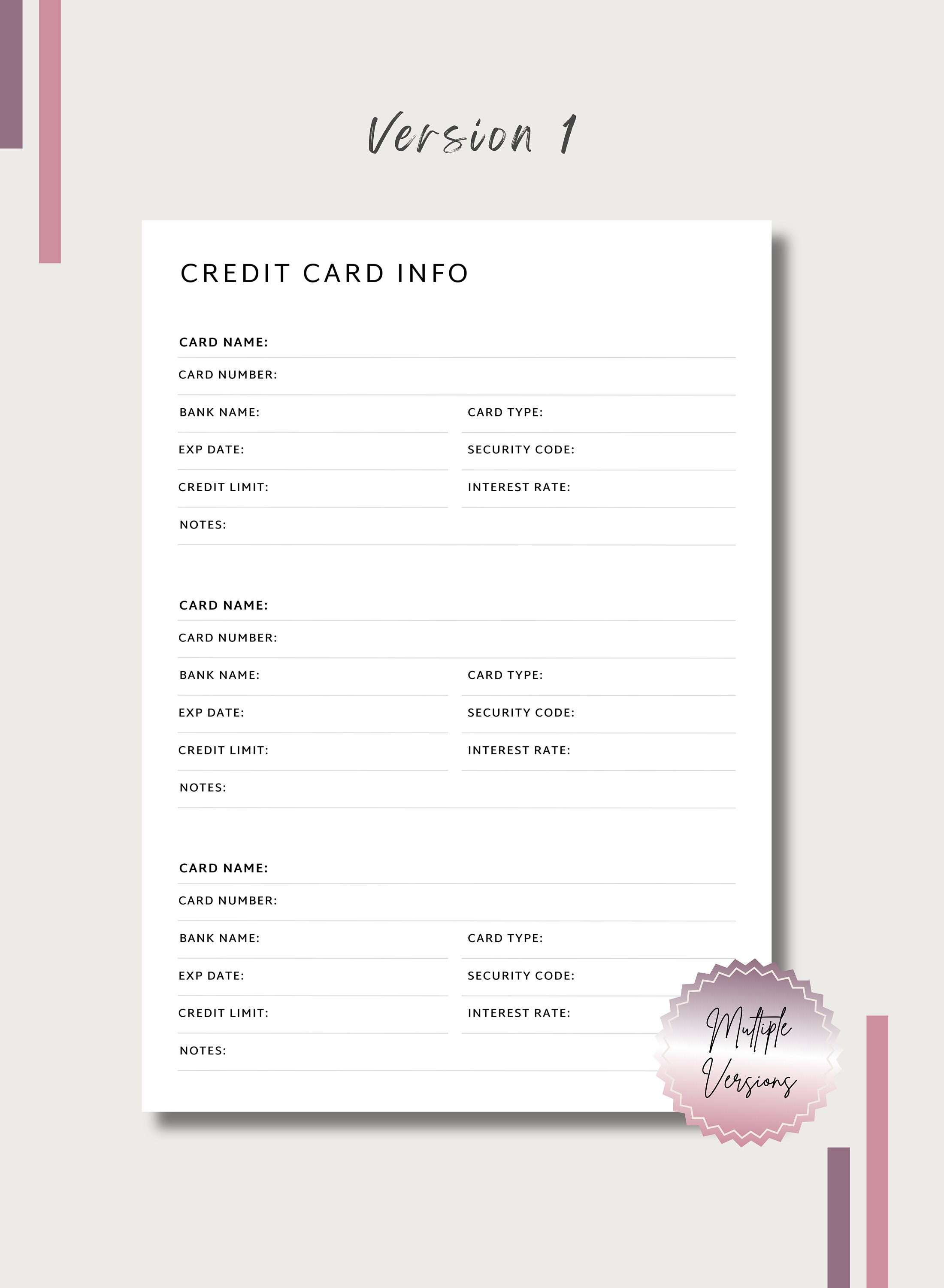 Credit Card Information Tracker Printable & Fillable, Credit Card Log ...