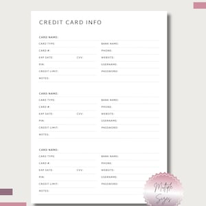 Credit Card Information Tracker Printable & Fillable, Credit Card Log ...