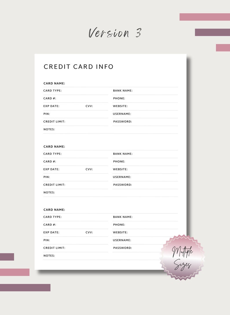 Credit Card Information Tracker Printable & Fillable, Credit Card Log ...