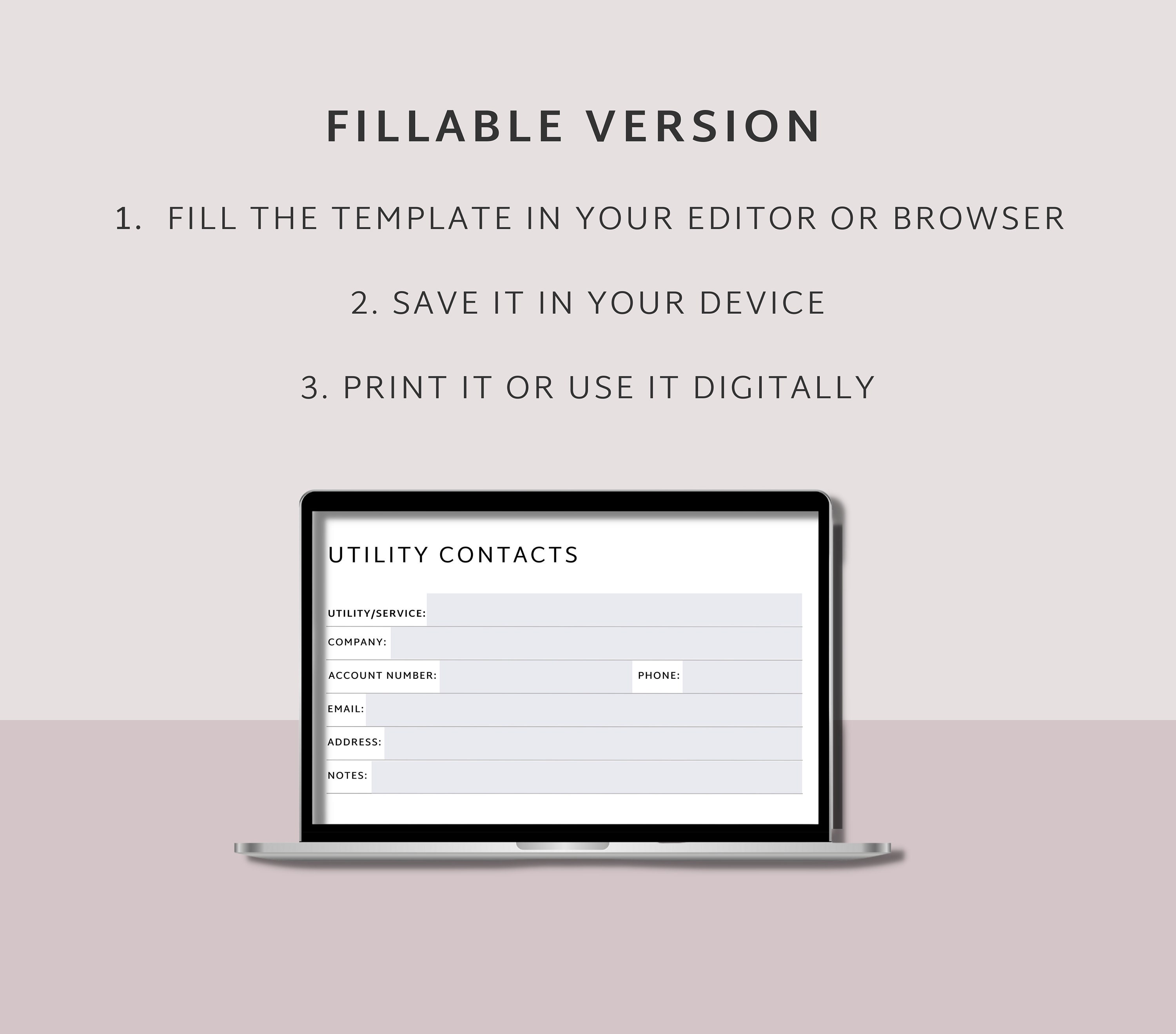 Printable Utility Contacts Template, Service Provider Contact List ...