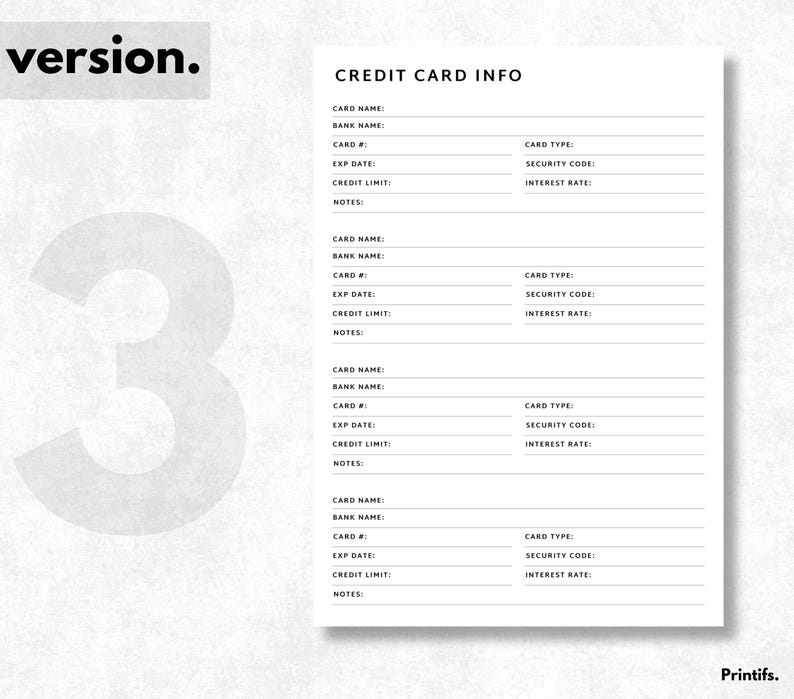 Credit Card Information Tracker Printable & Fillable, Credit Card Log ...