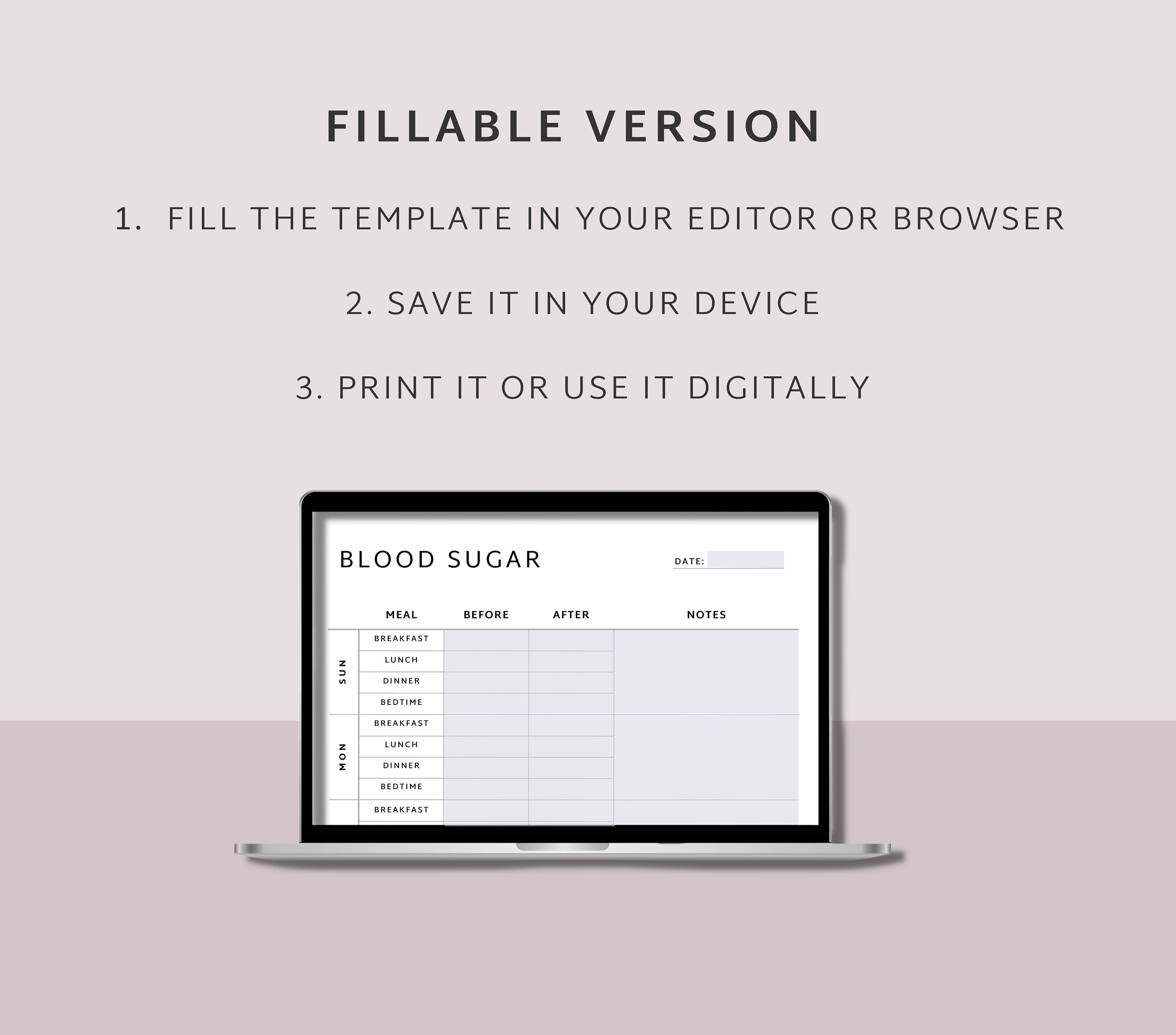Blood Sugar Log Printable Template, Blood Glucose Tracker, Diabetic Log ...