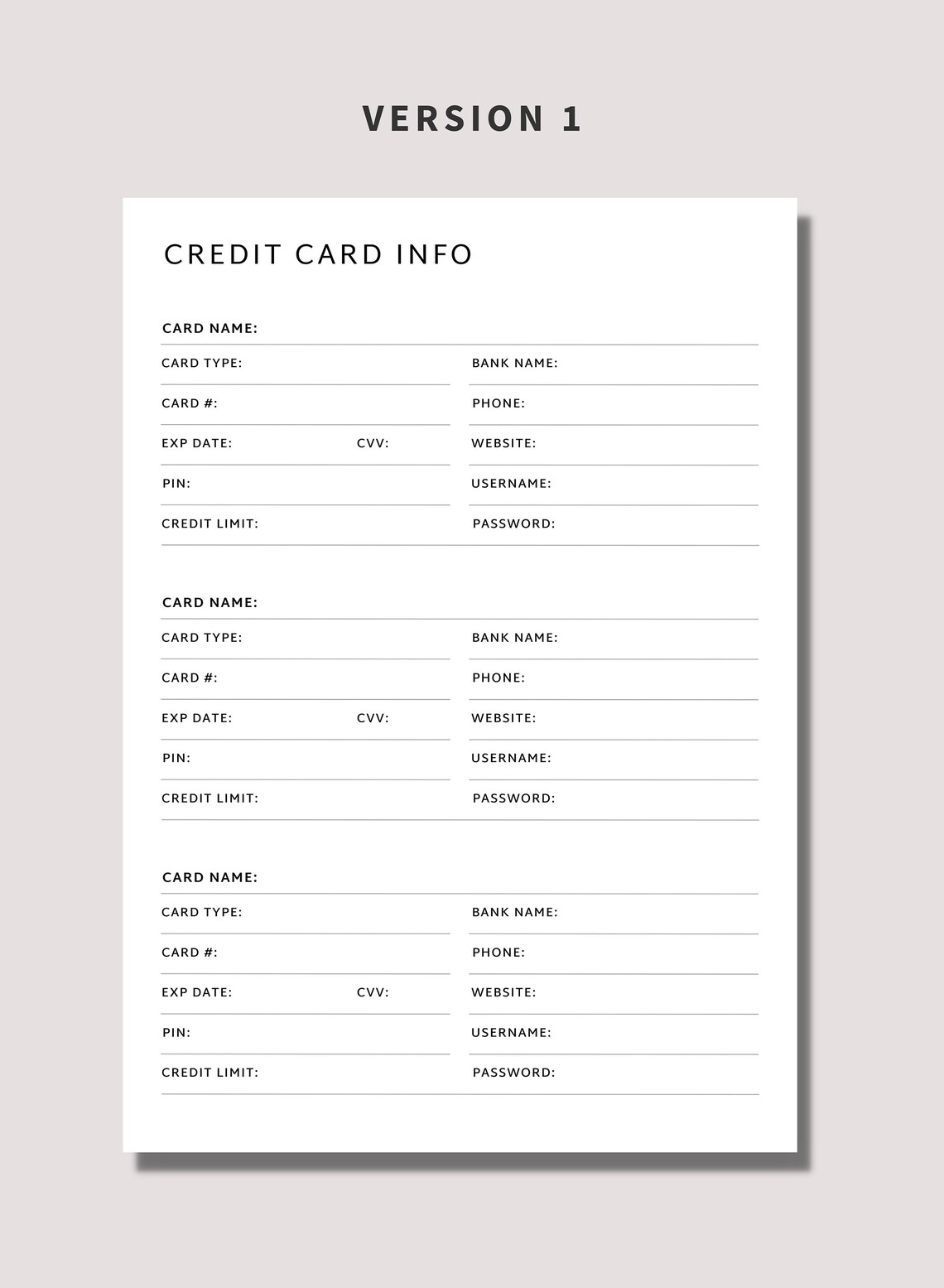 Credit Card Information Tracker Printable & Fillable, Credit Card Log ...