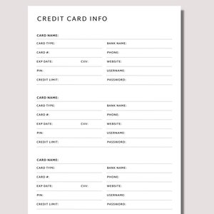 Credit Card Information Tracker Printable & Fillable, Credit Card Log ...