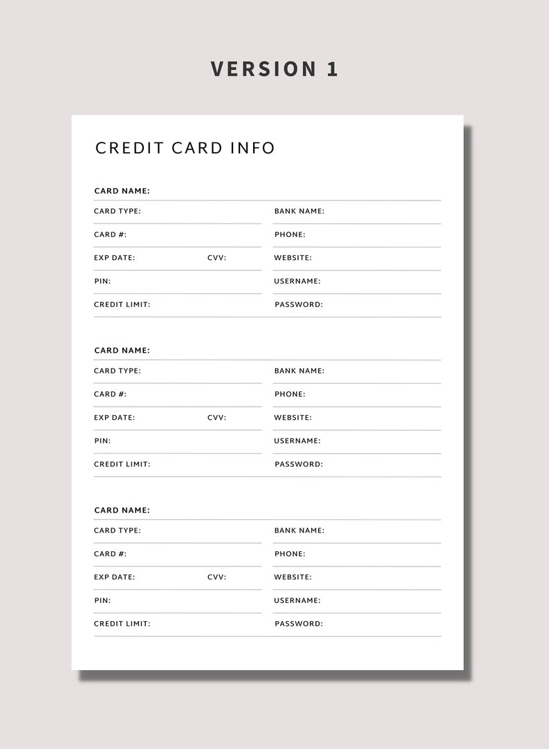 Credit Card Information Tracker Printable & Fillable, Credit Card Log ...