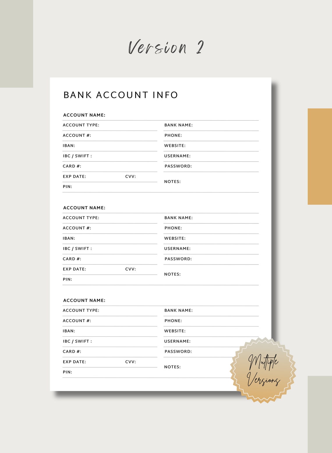 Bank Account Information Tracker Printable, Bank Account Tracker, Bank ...