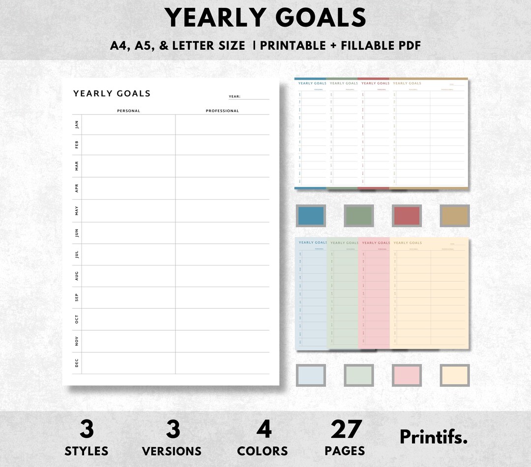 Goal Planner Printable & Fillable PDF - Yearly Goals, Quarterly Goals ...
