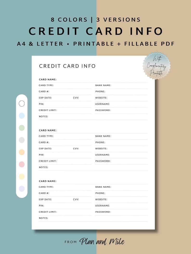 Credit Card Information Tracker Printable & Fillable, Credit Card Log ...