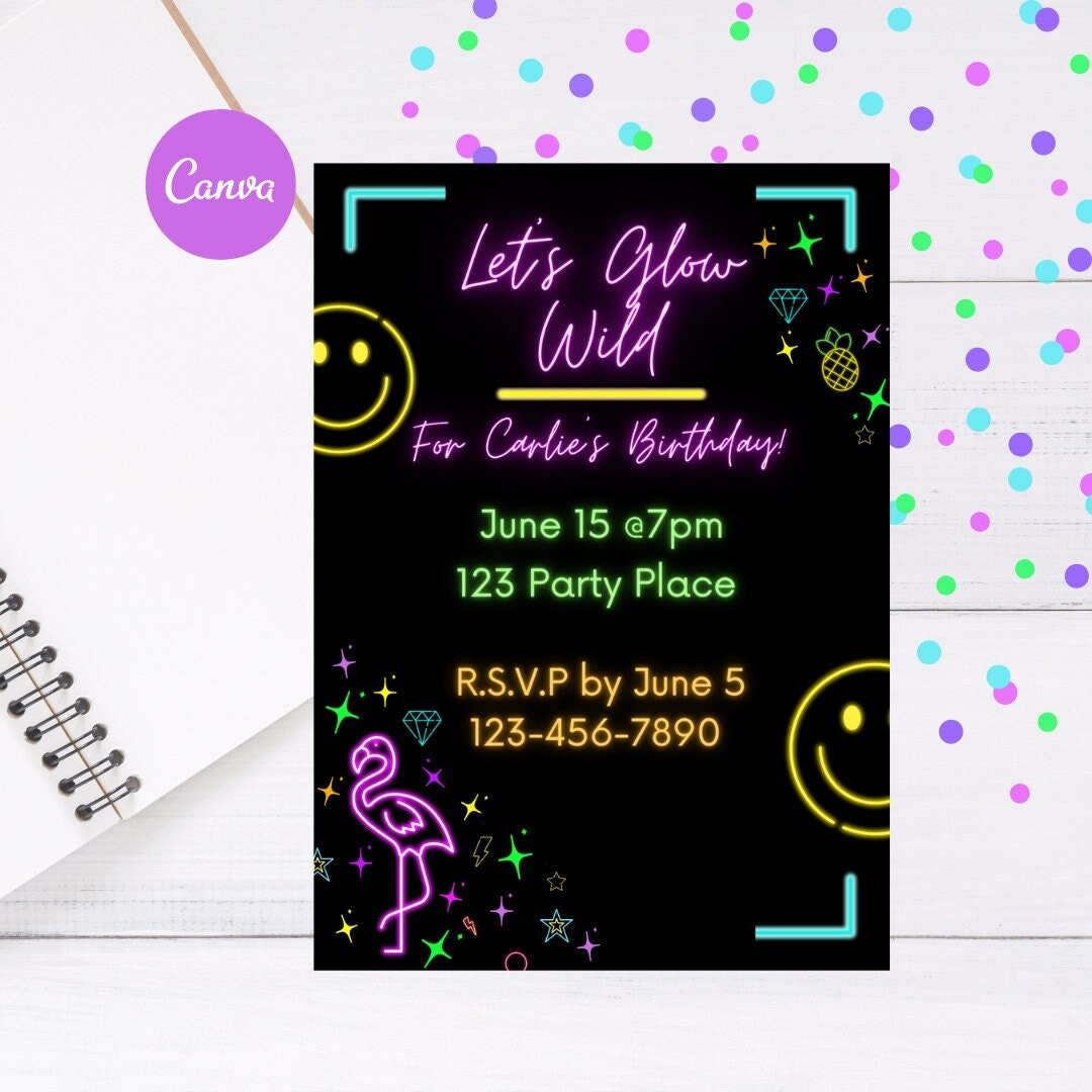 Let's Glow Wild Neon Party Invitation Editable Digital Invitation Party ...