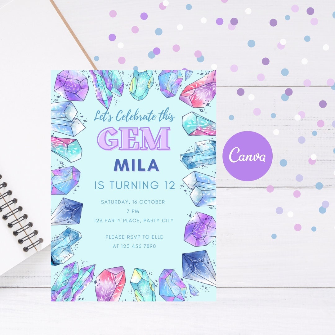 Gem Party Invitation Editable Digital Party Birthday Gems Crystal Rocks ...