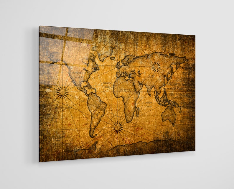Vintage World Map Glass Print Wall Art, World Map Glass Print, World ...