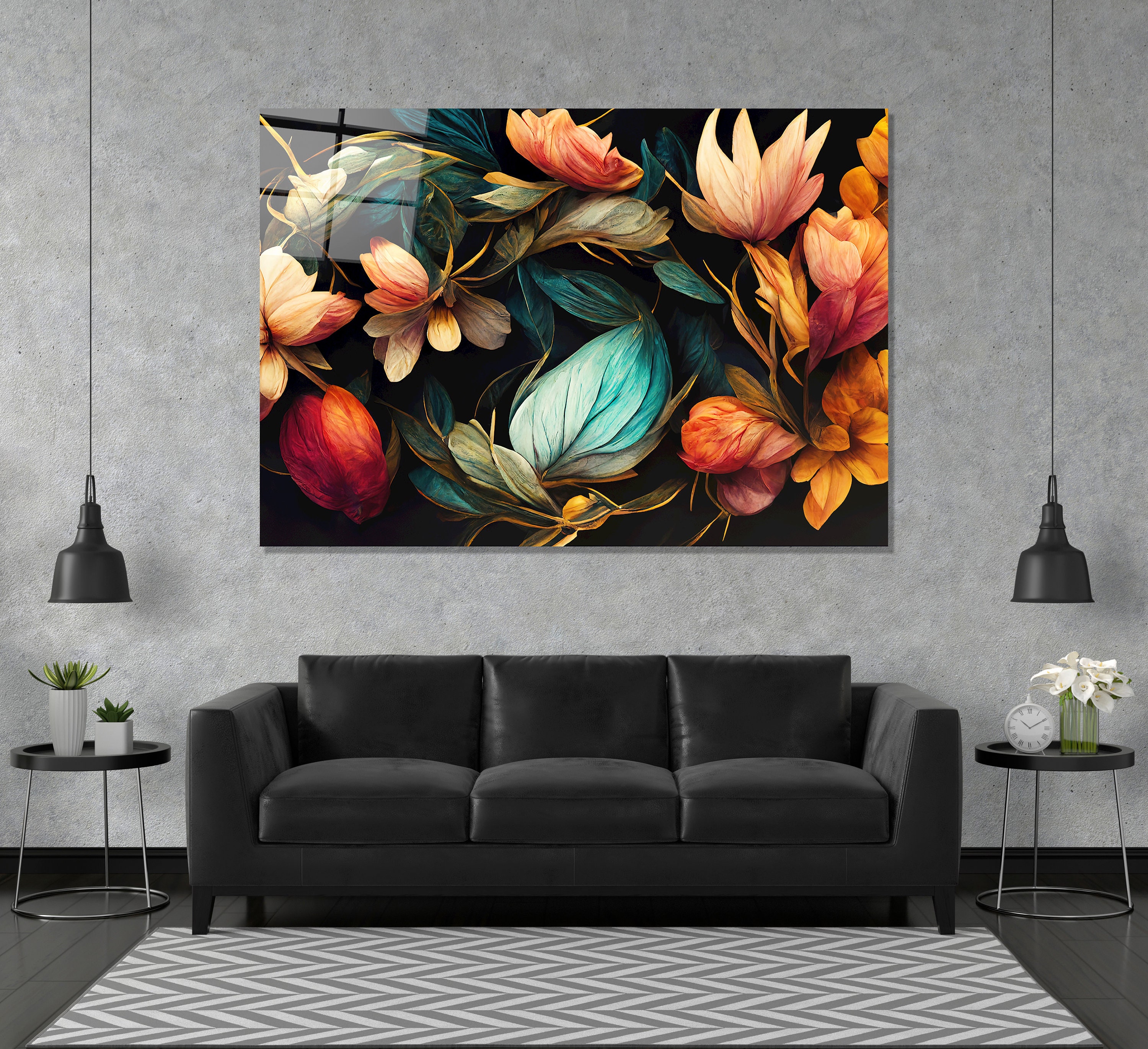 Colorful Flowers Wall Art, Floral Glass Print Art, Extra Large Flower ...
