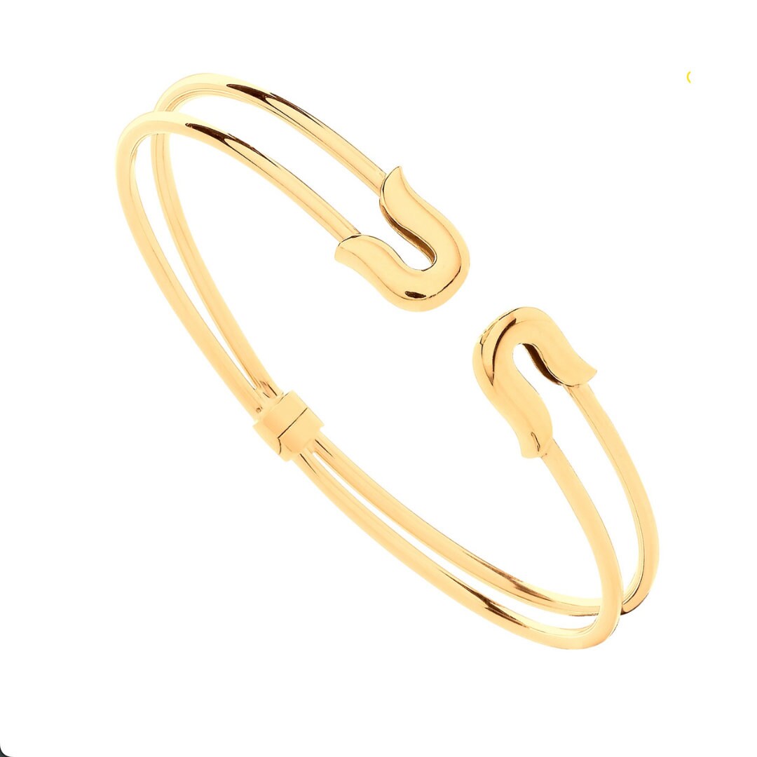 9K Gold Bangle Bracelet | Safety Pin Style Solid Gold Bracelet | Easy ...
