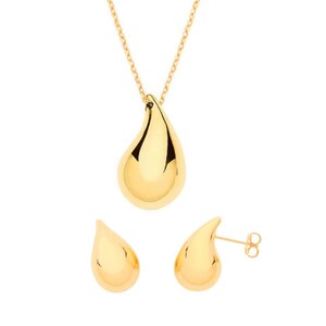 9K Gold Teardrop Droplet Pendant Necklace, Earrings • Minimalist Gold ...