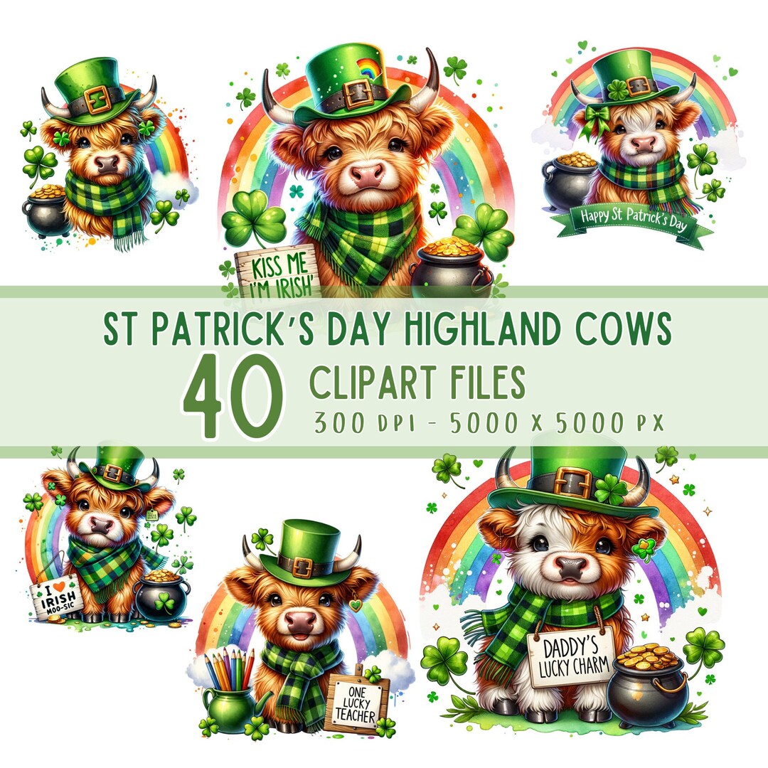St Patricks Day Clipart BUNDLE Watercolor PNG Highland Cow Clipart Cute ...