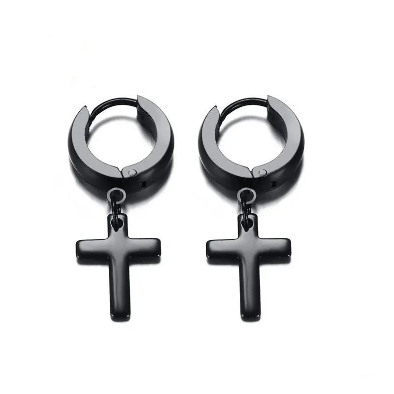 Cross Black Ear Piece,black Dangle Cross Earring, Men's Earring Black ...