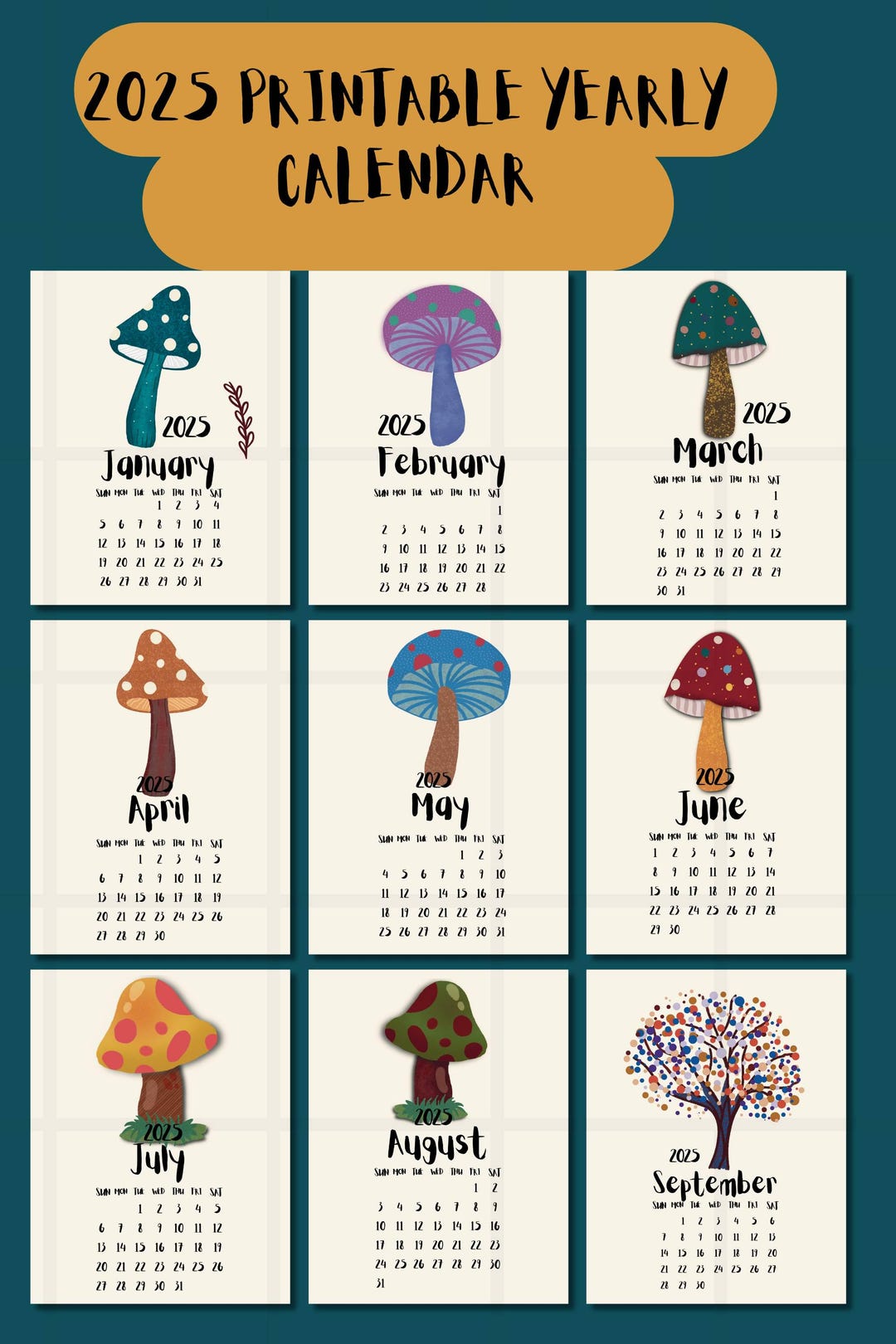 2025 Year Calendar Printable ,hand Drawn Boho Nature Mushrooms Calendar ...