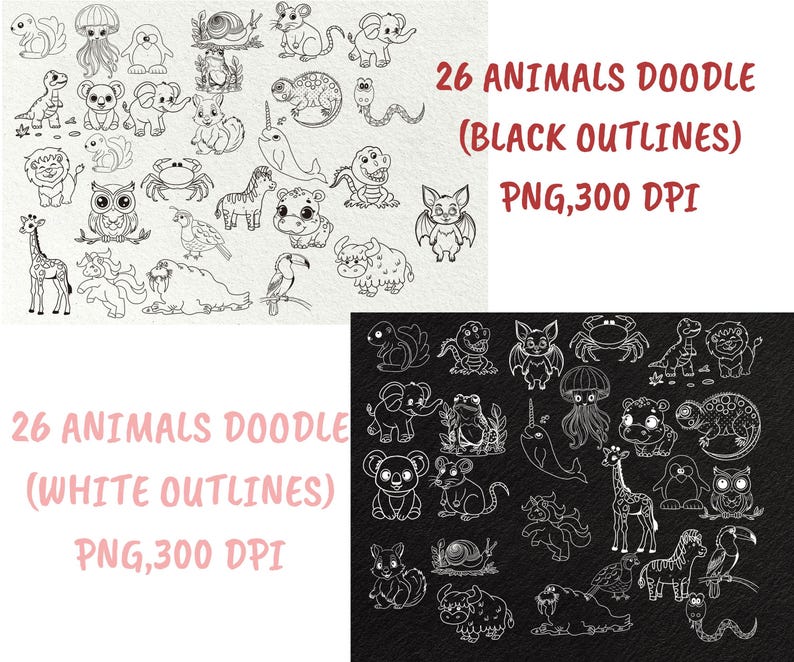 Animal Doodle Clipart Bundle: Hand-drawn Black & White PNG (digital ...