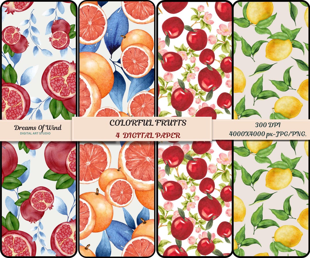 Watercolor Fruits Digital Paper,kitchen Wallart,winter Fruits Seamless ...
