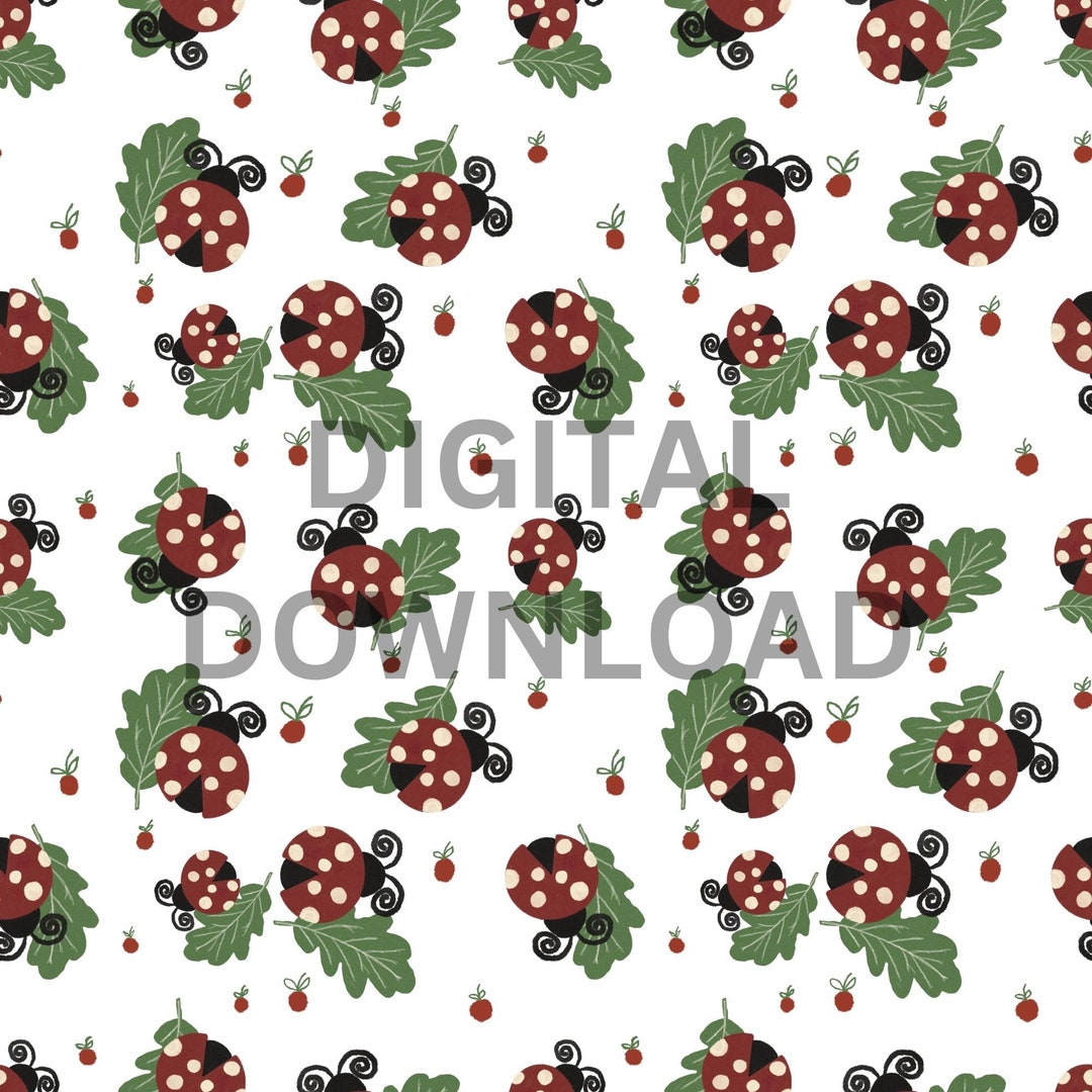 Ladybug Digital Paper, Seamless Pattern Leaves Cherries,printable ...