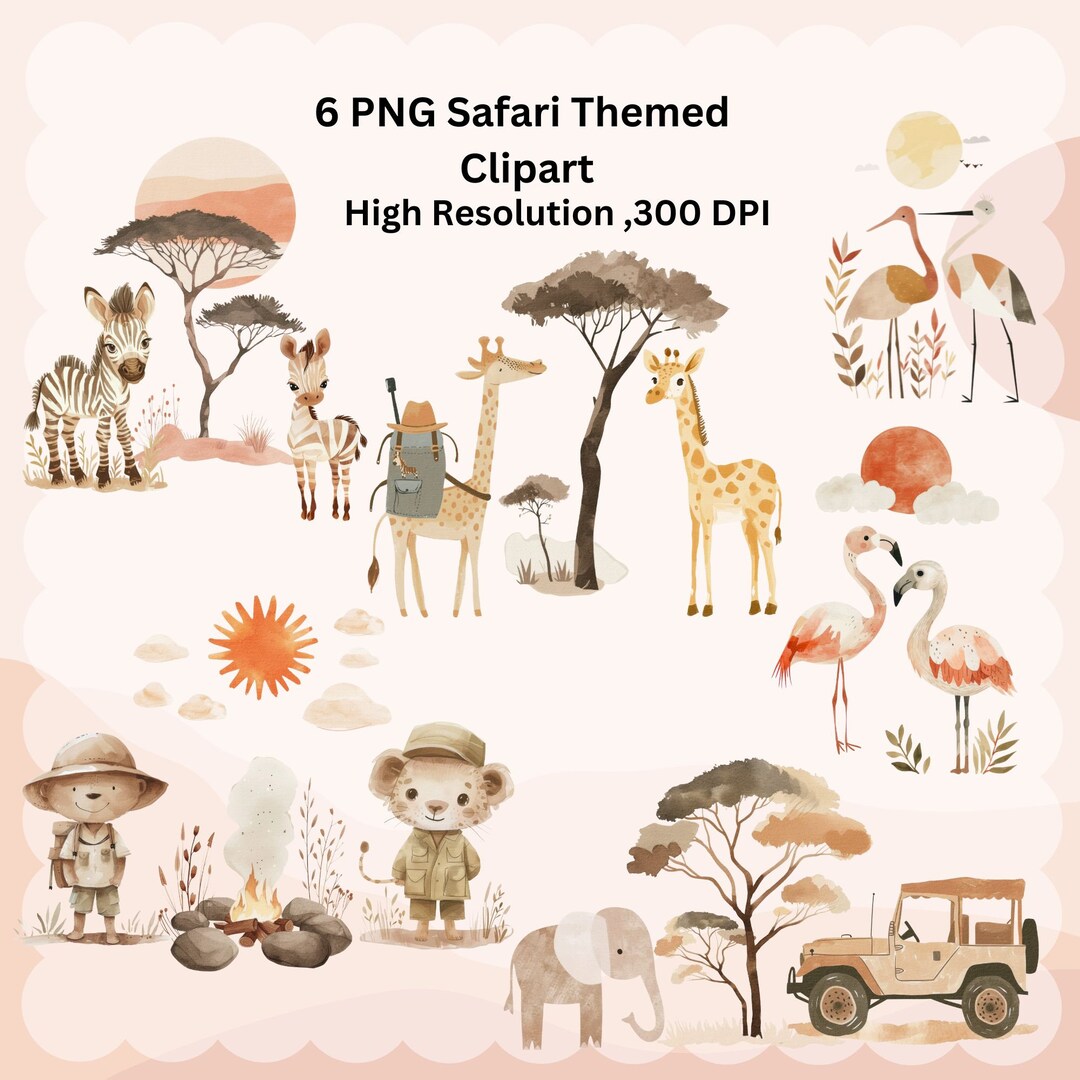 Watercolor Safari Animals Themed Png Transparent Background Clipart ...