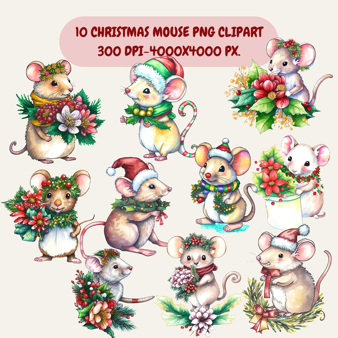 Christmas Mice Clipart,watercolor Christmas Mouse,christmas Clipart ...