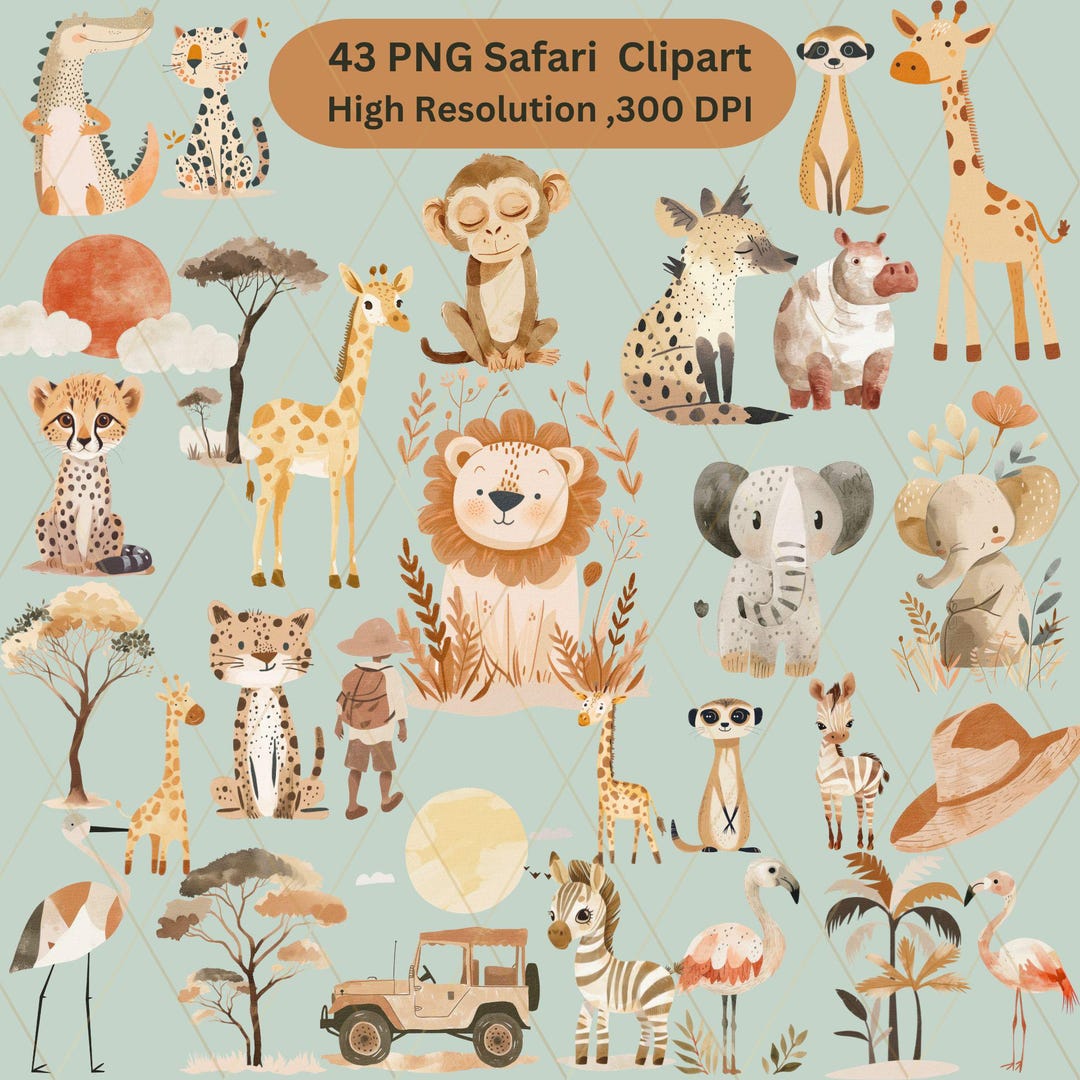 43 Set of Watercolor Safari Animals Clipart,png,baby Safari Animals ...