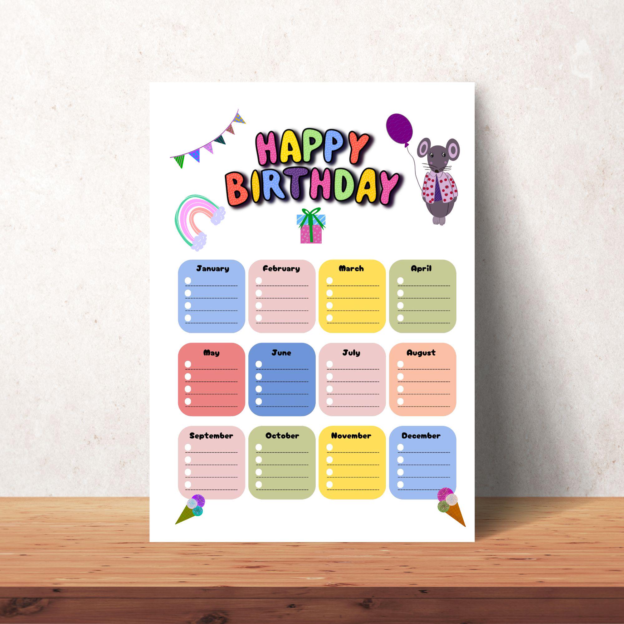 Birthday Tracker Printable Template, Birthday Calendar, Birthday ...
