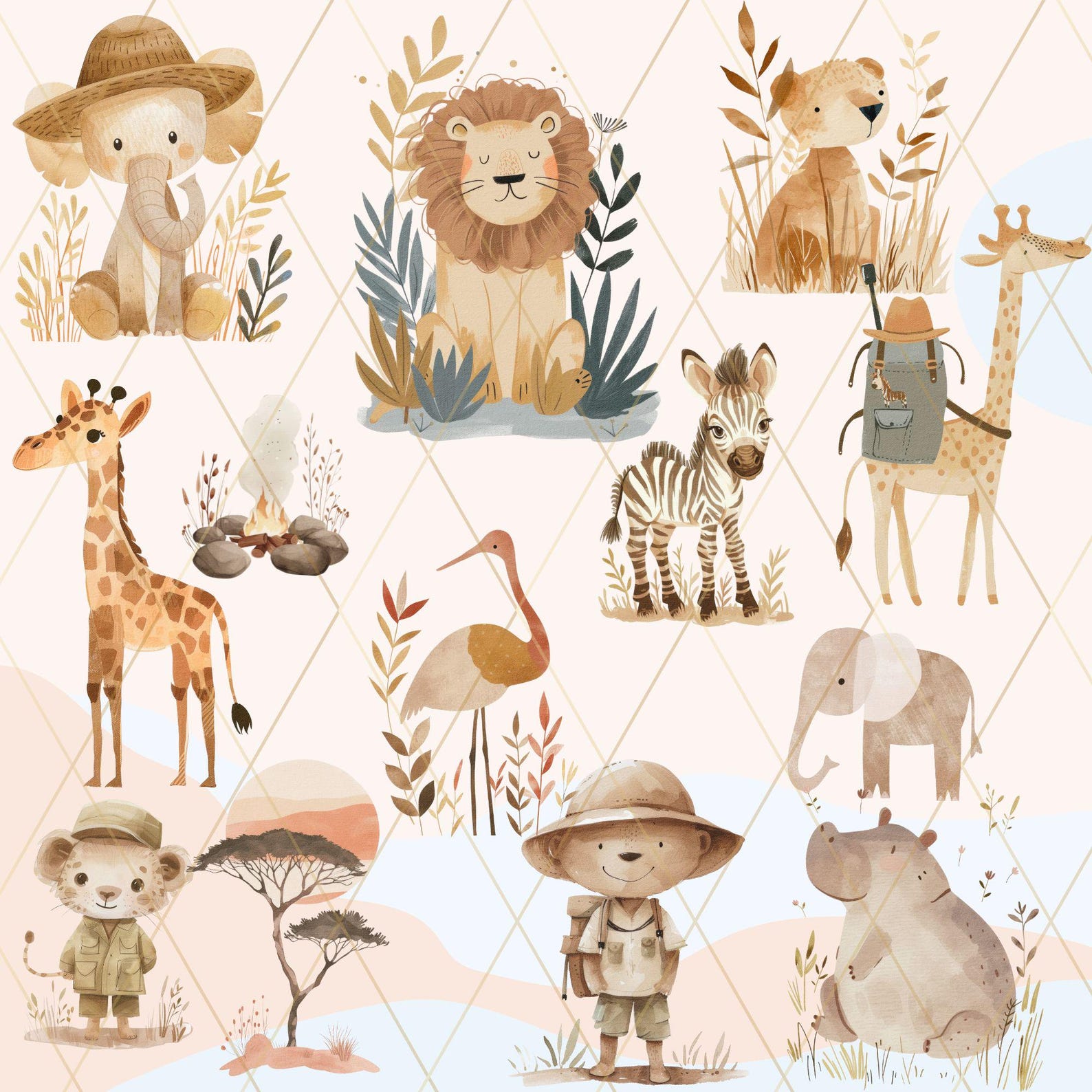 43 Set of Watercolor Safari Animals Clipart,png,baby Safari Animals ...