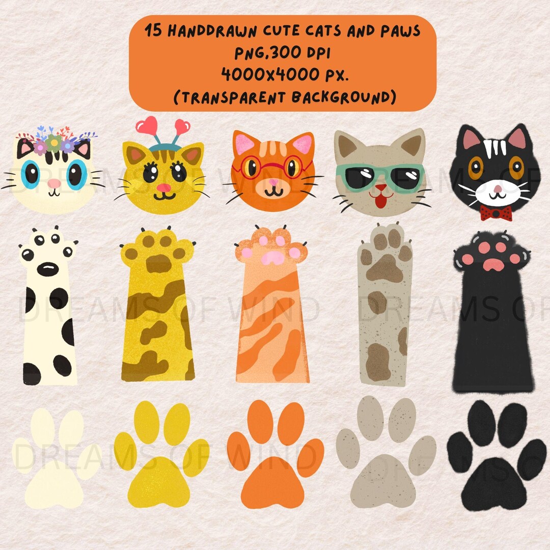 Hand-drawn Colorful Cat Faces and Paws Clipart (digital Download) - Etsy