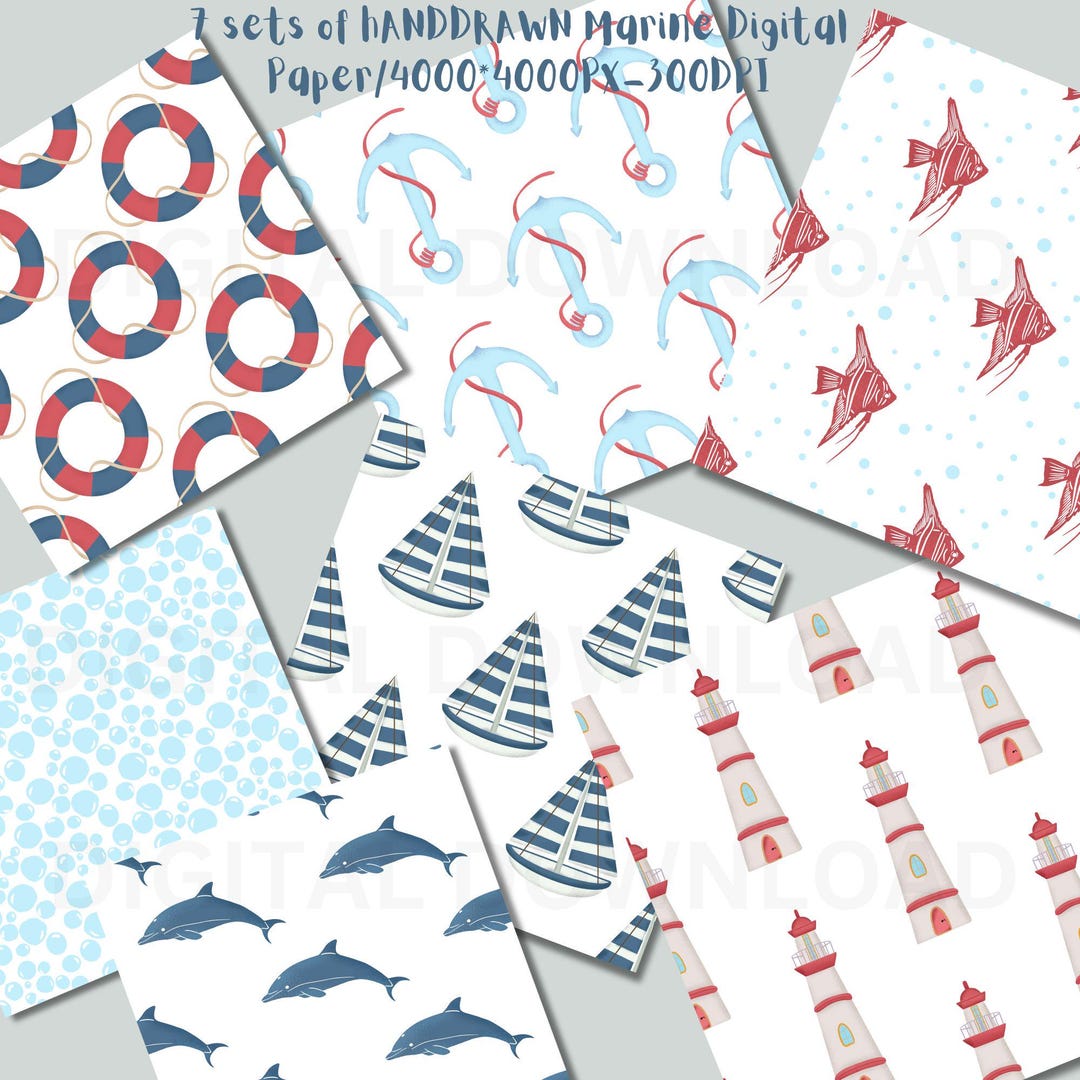 Hand-drawn Nautical Digital Paper Set: Marine Seamless Patterns ...