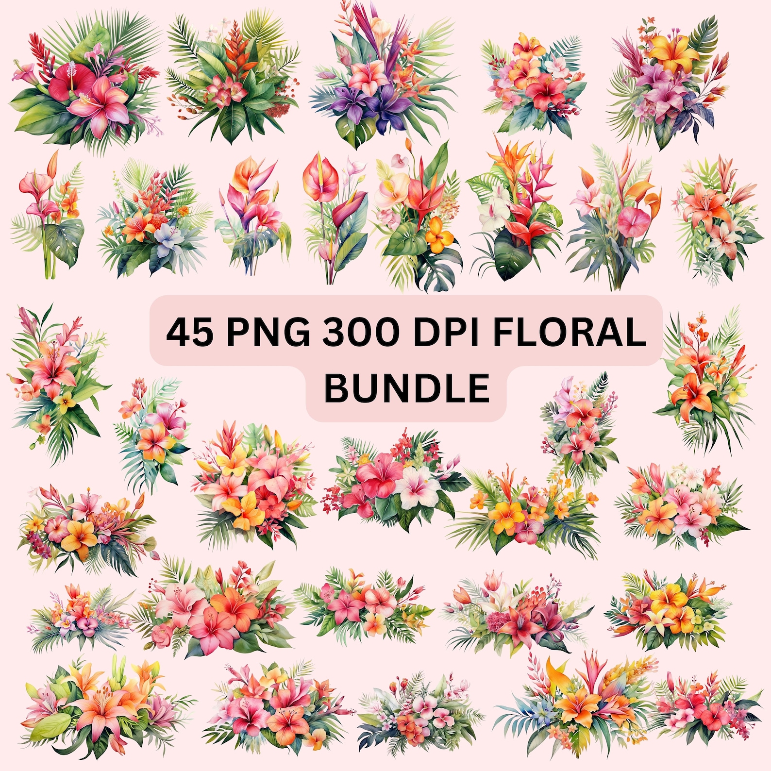 45 PNG Watercolor Tropical Flowers Clipart ,wild Flowers Set Clipart ...