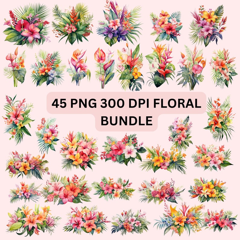 45 PNG Watercolor Tropical Flowers Clipart ,wild Flowers Set Clipart ...