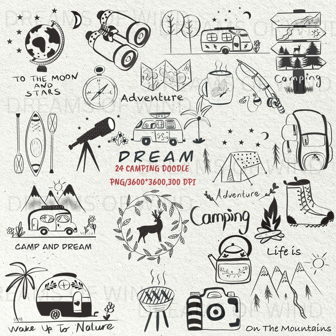 Hand-drawn Camping Doodles Clipart: Forest Adventure Illustrations (PNG ...