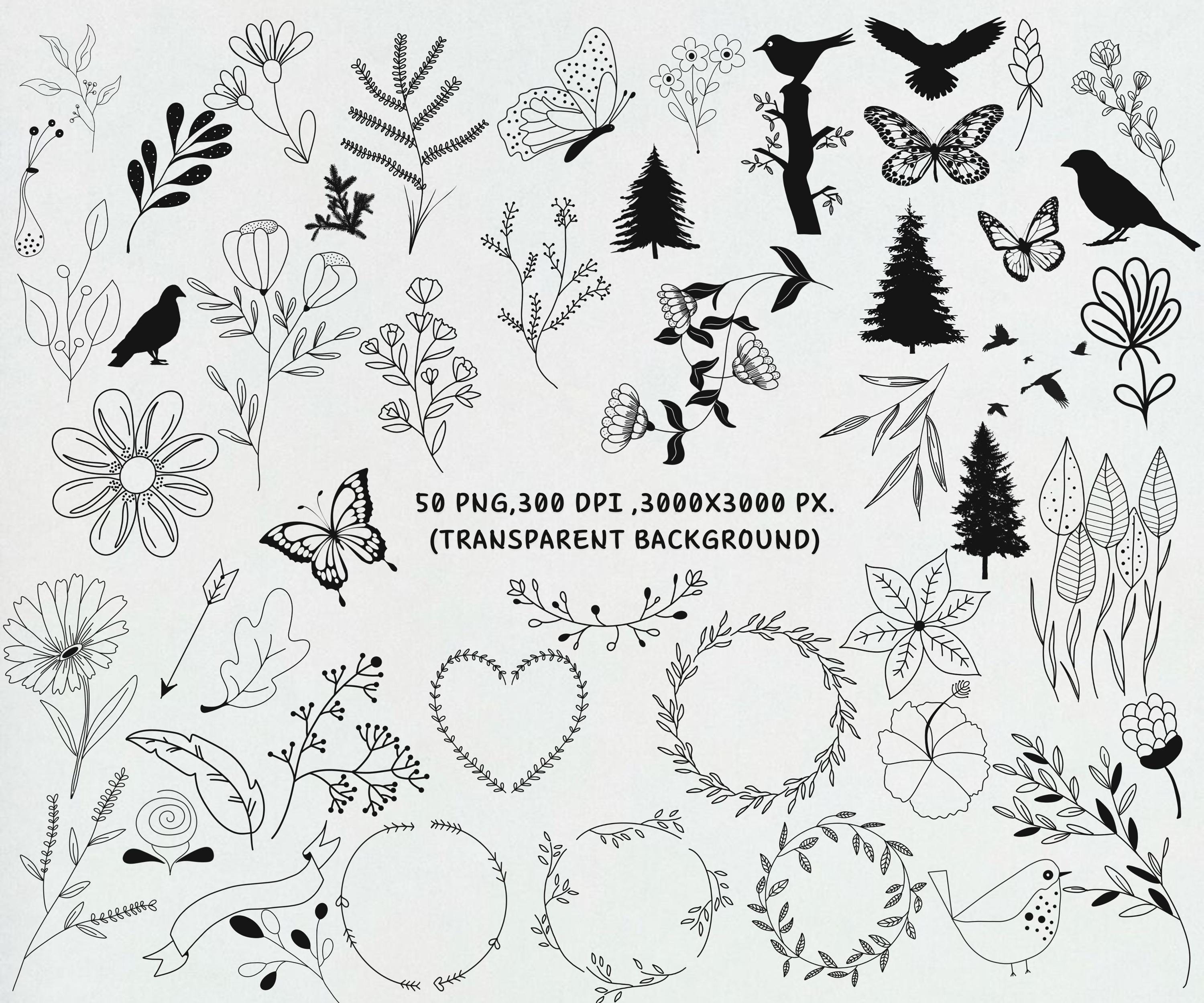 Doodle Flower Clipart Commercial Use-clipart Handdrawn , Branches ...