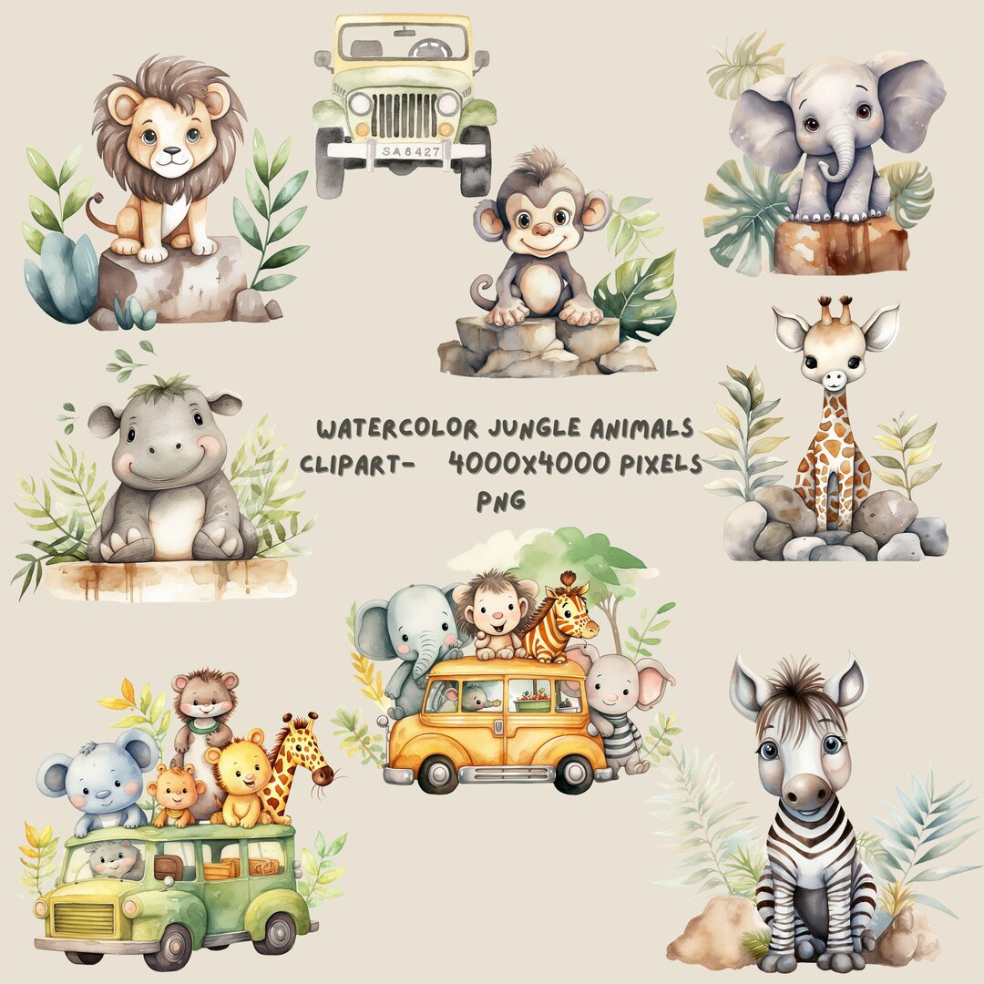 Cute Safari Animals Clipart, Safari Baby Animal PNG, Watercolor Animal ...