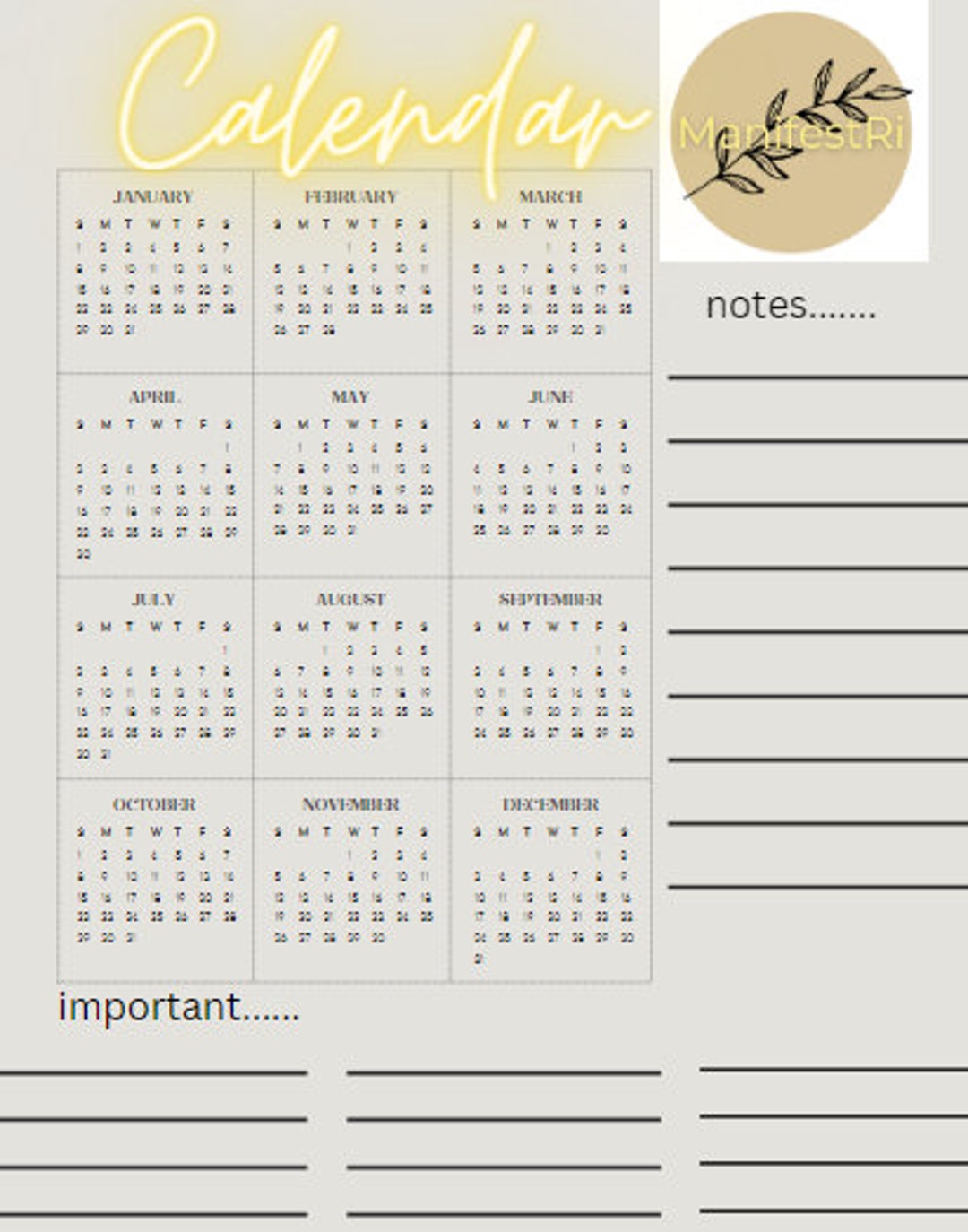 Yearly Calendar, Digital, Important - Etsy