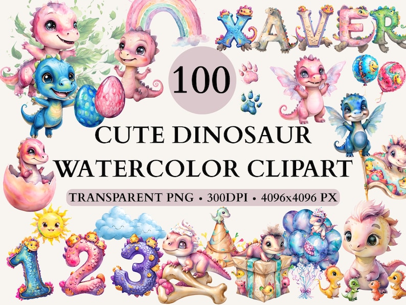 100 Cute Dinosaur Clipart Bundle, Dino Alphabet&numbers 0–9, Birthday ...