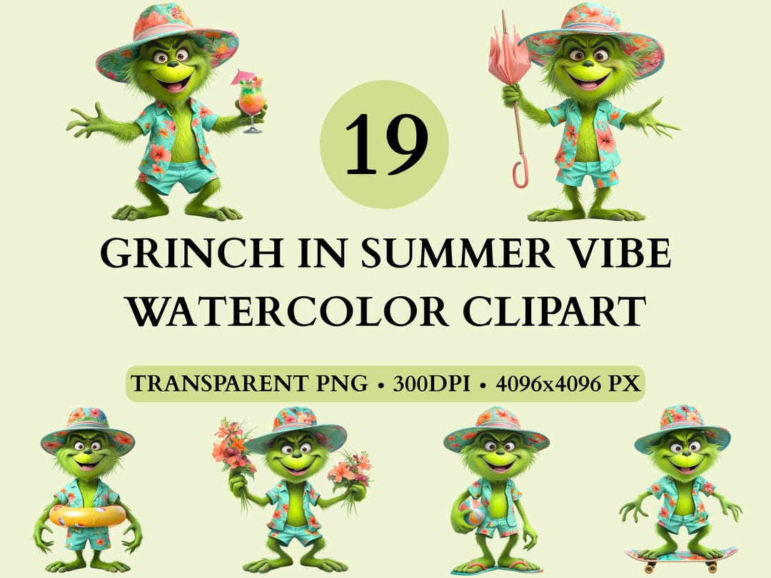 Grinch in Summer Vibe Watercolor Clipart, Grinch Clipart Digital PNG ...