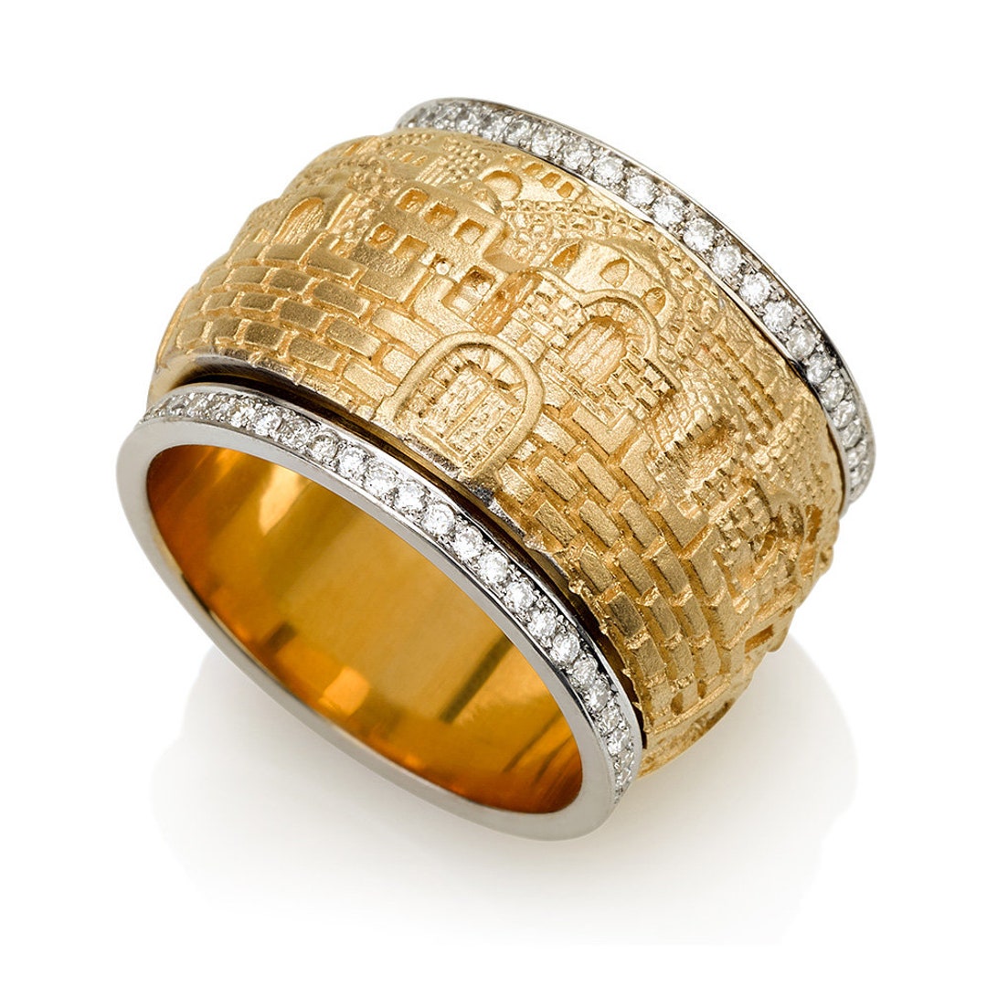 18k Gold Spinning Ring With Diamonds, Israeli Ring, Jerusalem Ring ...
