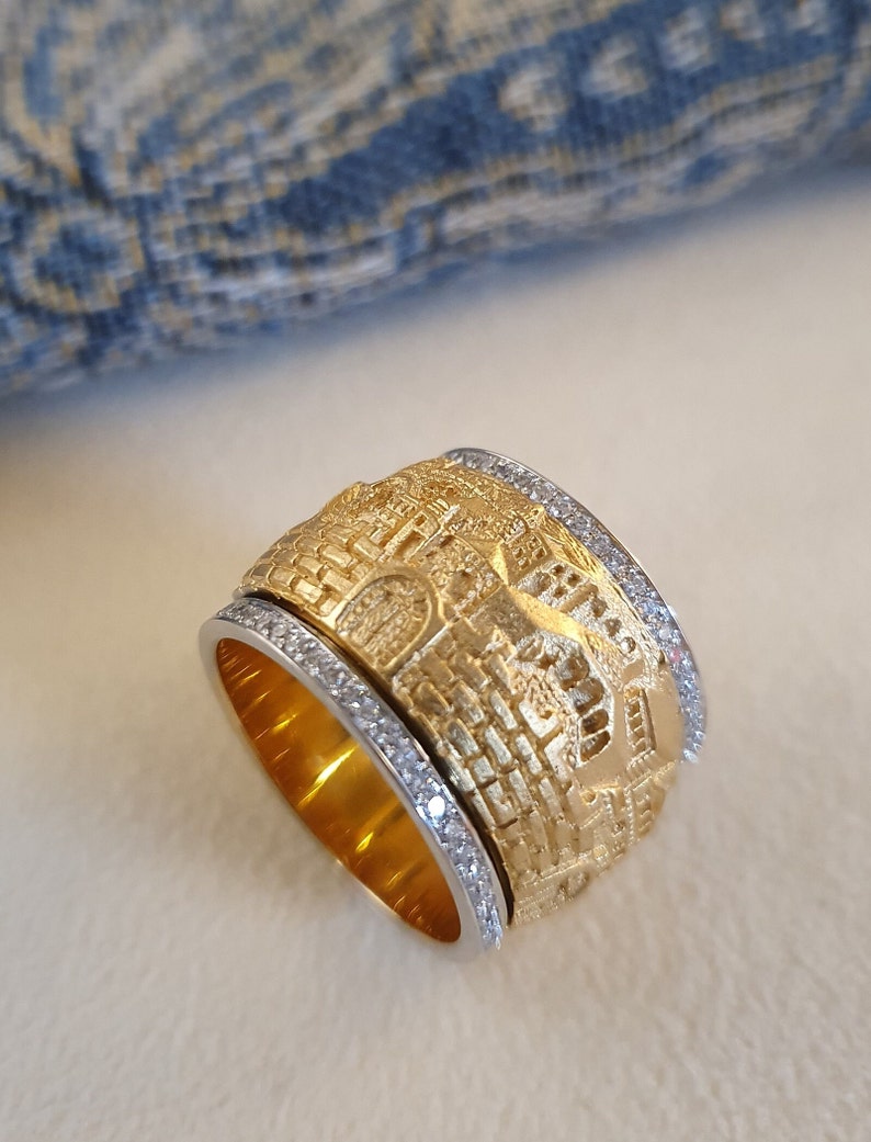18k Gold Spinning Ring With Diamonds, Israeli Ring, Jerusalem Ring ...