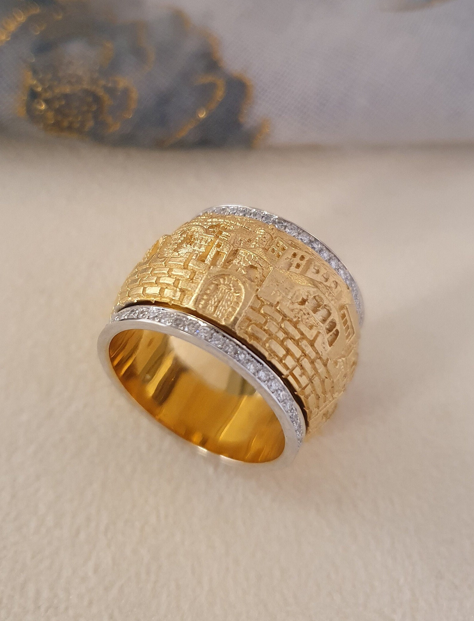 18k Gold Spinning Ring With Diamonds, Israeli Ring, Jerusalem Ring ...