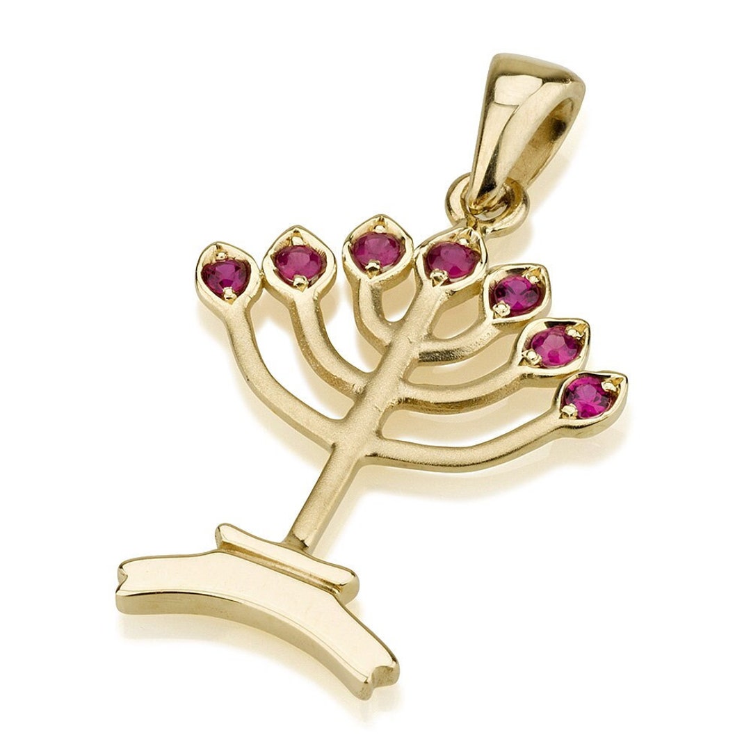 14k Gold Menorah Pendant With Ruby, Jewish Jewelry, Israeli Pendant ...